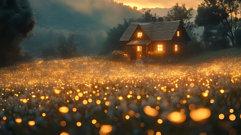 Cozy Cottage with Warm Fireplace and a View of the Rolling Hills Stock ...