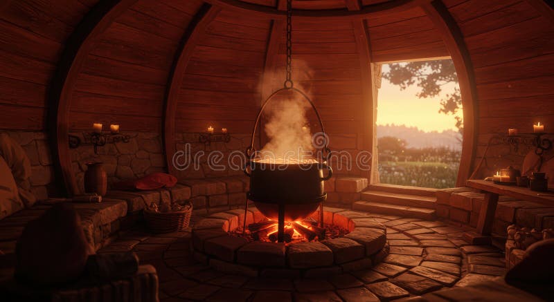 Cozy Cottage Sunset Scene: a Medieval-Style Interior with a Boiling ...