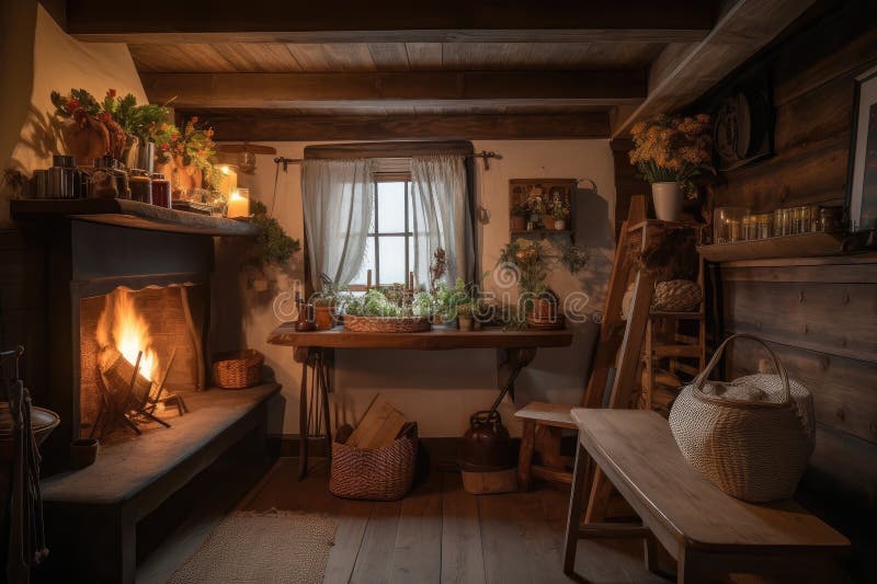 Cozy Cottage with Warm Fireplace and a View of the Rolling Hills Stock ...