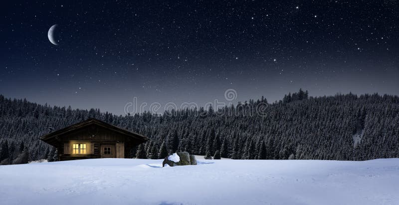 Cozy Cottage in Wintertime at Night Stock Photo - Image of dark ...