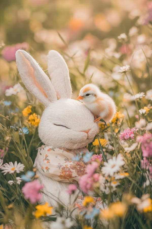 A Cozy, Cottagecore Easter Bunny Nestled in a Bed of Wildflowers, with ...