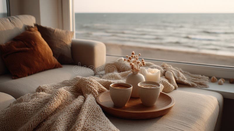 A Cozy Couch Features a Tray Holding Two Steaming Cups of Coffee, Hello ...