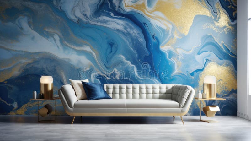 A Cozy Couch in Front of a Vibrant Blue and Gold Wall Stock ...