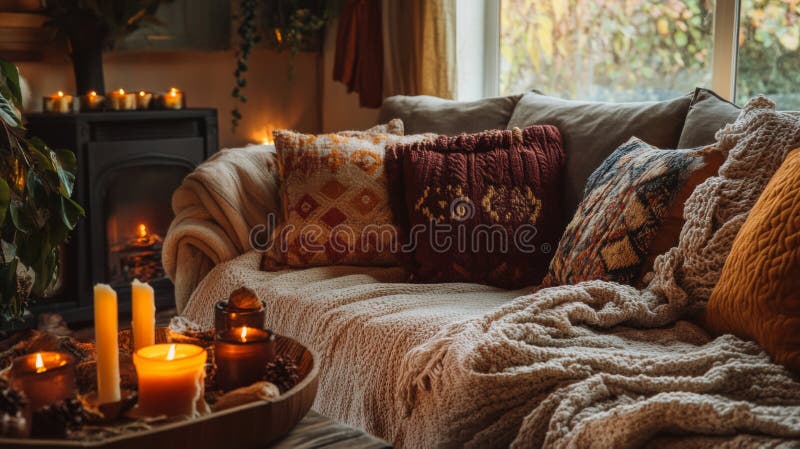 Cozy Couch with Pillows and Candles in a Warm Room Stock Illustration ...