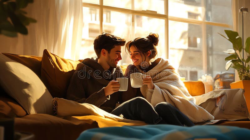 Cozy Couple Enjoying Warm Drinks Illustration Stock Image - Image of ...
