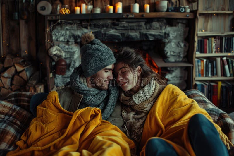 Cozy Couple Relaxing by Fireplace in Rustic Cabin during Winter Stock ...