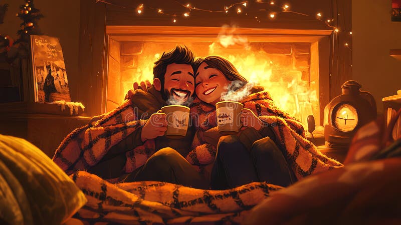 Cozy Couple Winter Illustration Stock Photo - Image of fire, romance ...