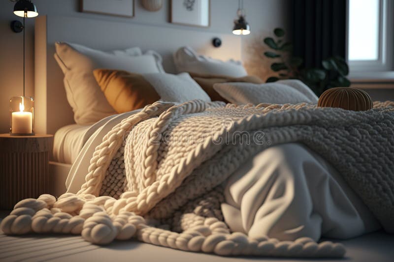 Cozy Cream Colored Woolen Blanket on King Size Bed in Bright Bedroom ...