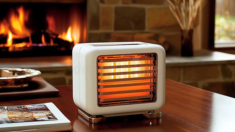 Cozy Cube-shaped Warmer on Wooden Table Near Fireplace Stock ...