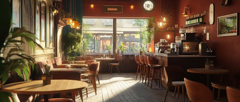 Cozy 3D Café Scene with Tables and Ambient Lighting Stock Illustration ...