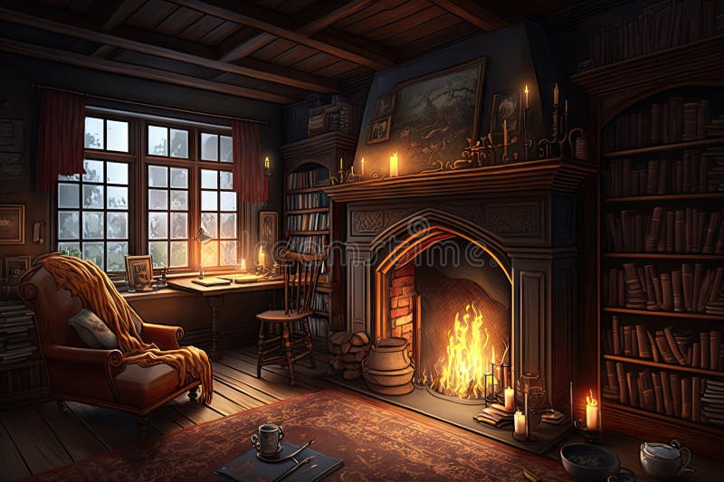 A Cozy Den, with Bookshelves Lining the Walls and a Crackling Fire in ...