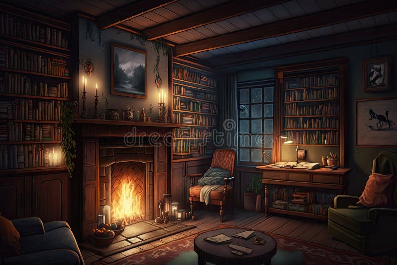 A Cozy Den, with Bookshelves Lining the Walls and a Crackling Fire in ...