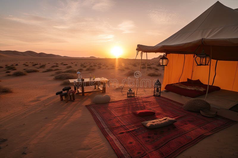 Cozy Desert Camp, with View of Surreal and Otherworldly Sunset Mirage ...