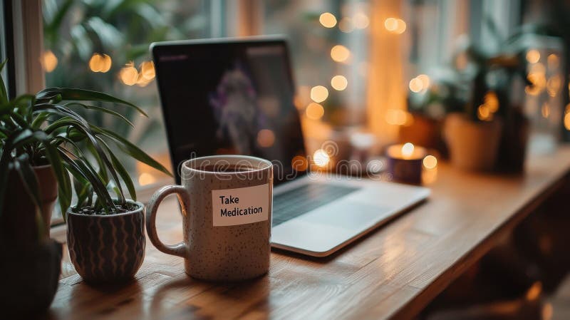 Cozy Desk Setup with Laptop, Coffee Mug Labeled Take Medication, and ...