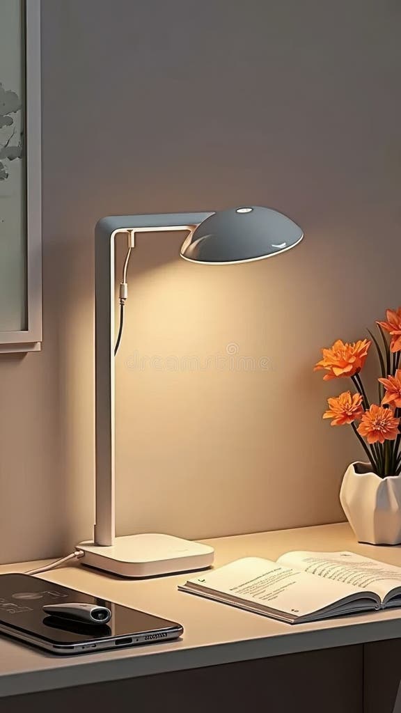 Cozy Desk Setup with Modern Lamp and Open Book in Warm Lighting Stock ...