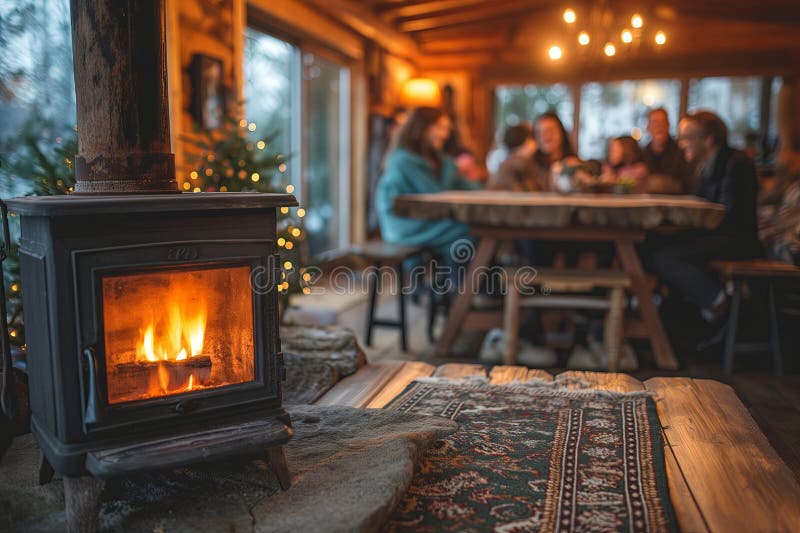 Cozy Dim-lit Cabin with People by the Fireplace Stock Image - Image of ...
