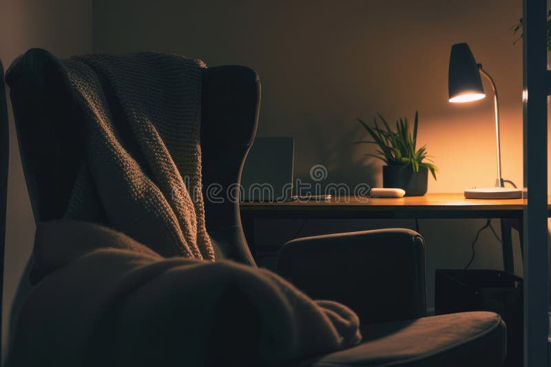 Cozy Dim-lit Corner with an Armchair, Lamp, and Desk Setup for ...