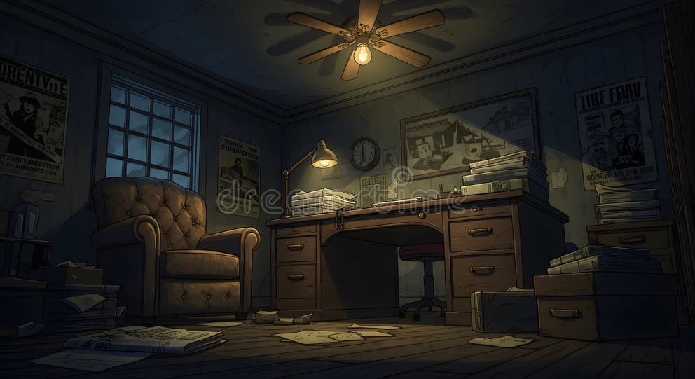 A Cozy, Dimly Lit Study Filled with Papers and Nostalgic Decor Stock ...