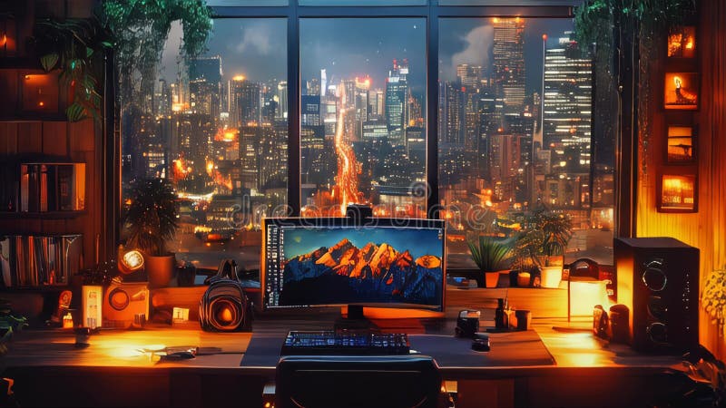 Cozy, Dimly Lit Workspace with Multiple Monitors Displaying a Ci Stock ... Cozy, Dimly Lit Workspace with Multiple Monitors Displaying a Ci Stock ...