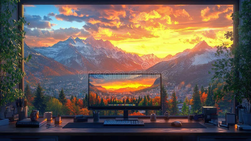 Cozy, Dimly Lit Workspace with Multiple Monitors Displaying a Cityscape ...