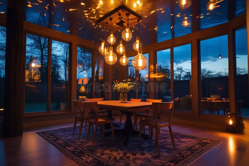 Cozy Dining Room, Oversized Edison Bulb Pendant Stock Illustration ...