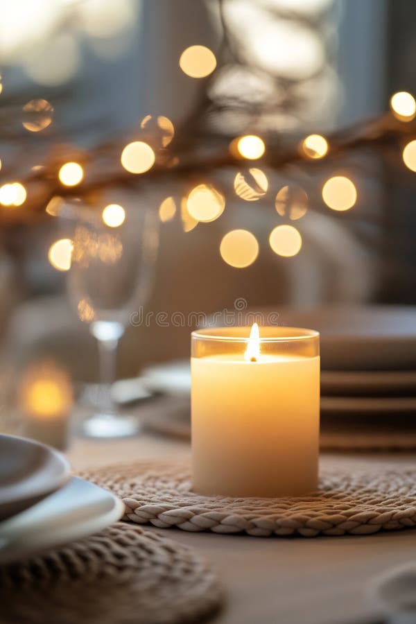 A Cozy Dining Setup Featuring a Glowing Candle with Warm Lights in the ...