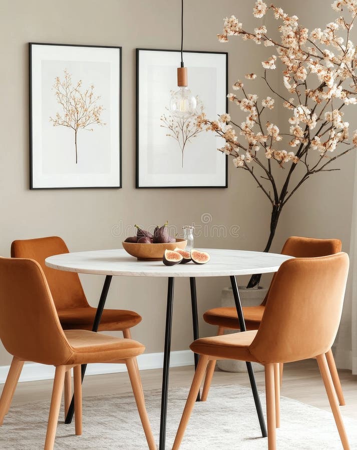 Modern Dining Area with Circular Table, Stylish Chairs, and Abstract ...