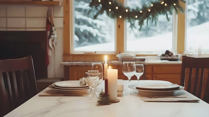 Cozy Dining Table Set for Two with Candles and a Winter Scene Outside ...