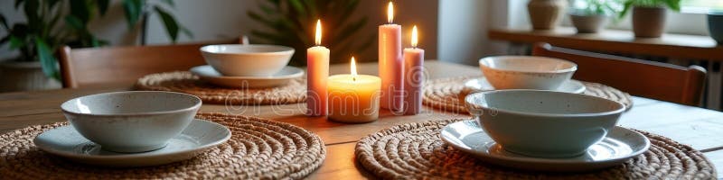 Cozy Dining Table Setting with Candles and Bowls in a Warm Ambient Room ...
