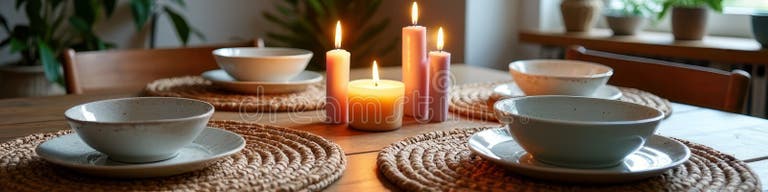 Cozy Dining Table Setting with Candles and Bowls in a Warm Ambient Room ...