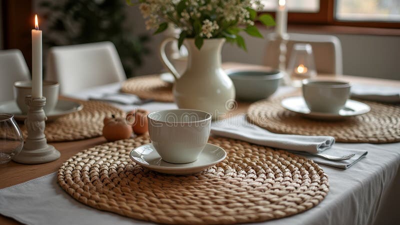 Cozy Dining Table Setting with White Cups and Natural Decor Stock Photo ...