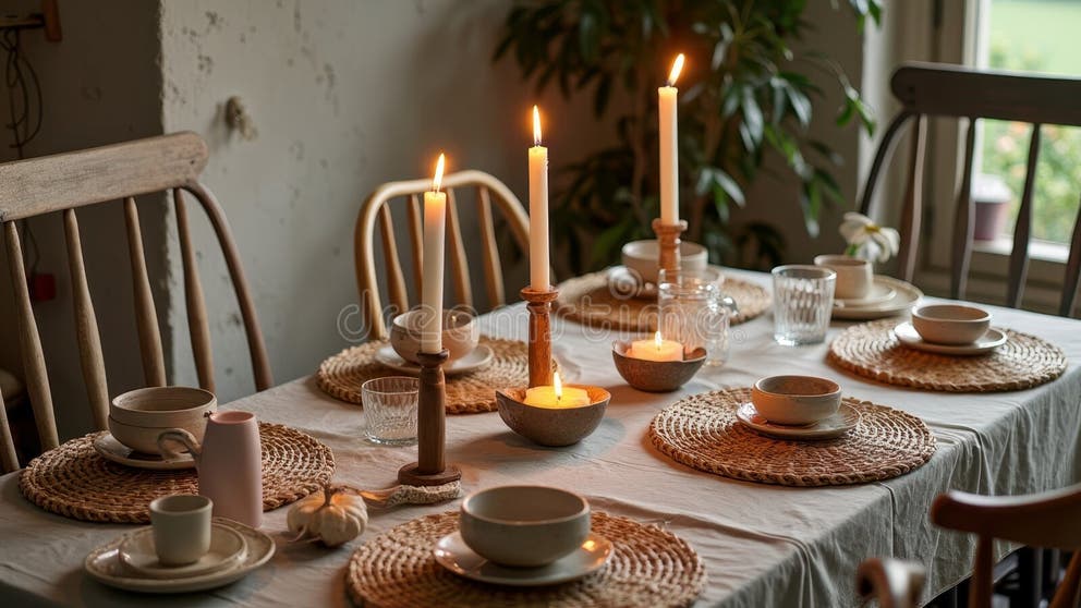 Cozy Dining Table Setting with Wicker Placemats and Lit Candles Stock ...
