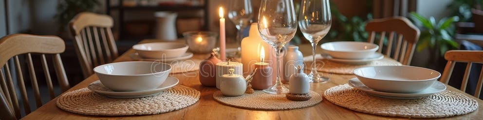 Cozy Dining Table Setup with Candles and Dinnerware in Warm Lighting ...