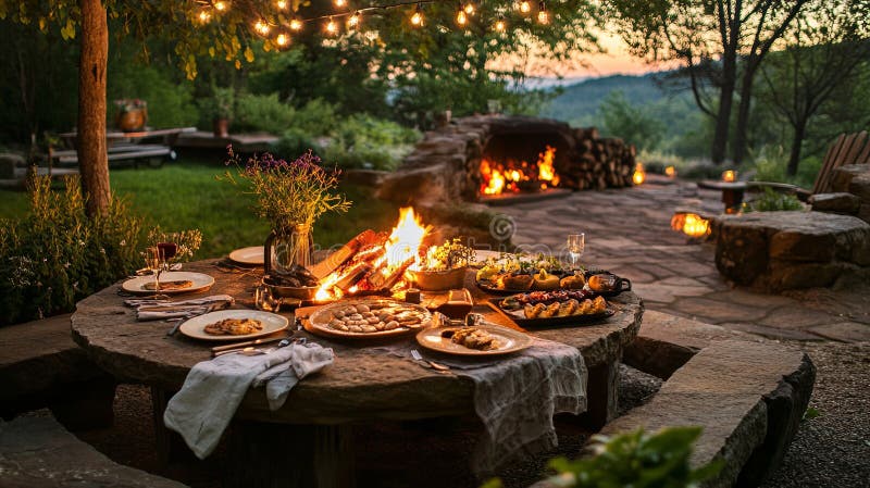 Cozy Dinner by Fire Pit with Rustic Plates and Grilled Food.. Stock ...