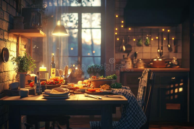 Cozy Dinner Setting with Warm Lighting and Delicious Food in a Rustic ...