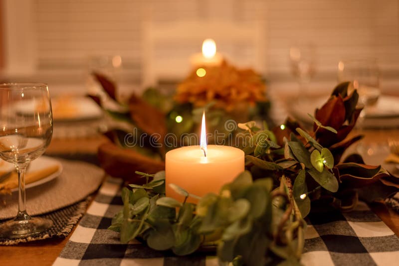 Cozy Dinner Table Setting by Candlelight Stock Image - Image of festive ...