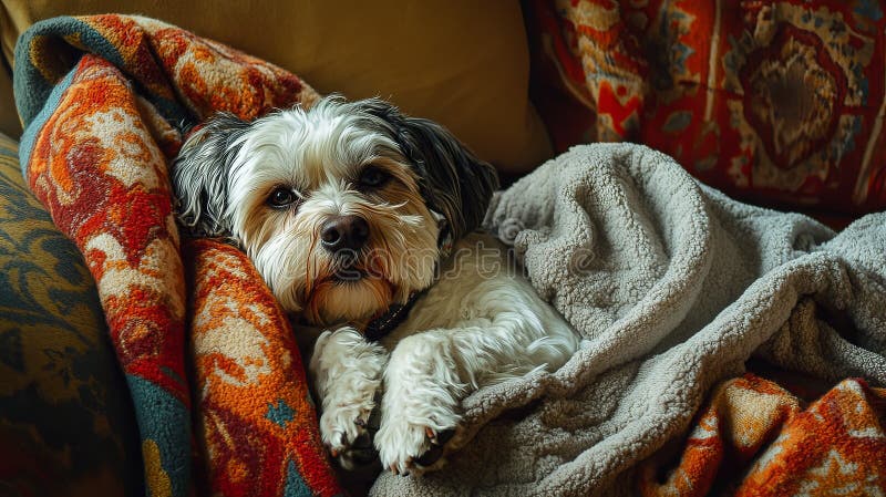 A Cozy Dog Cuddling with Its Owner on a Sofa with a Blanket Stock Photo ...