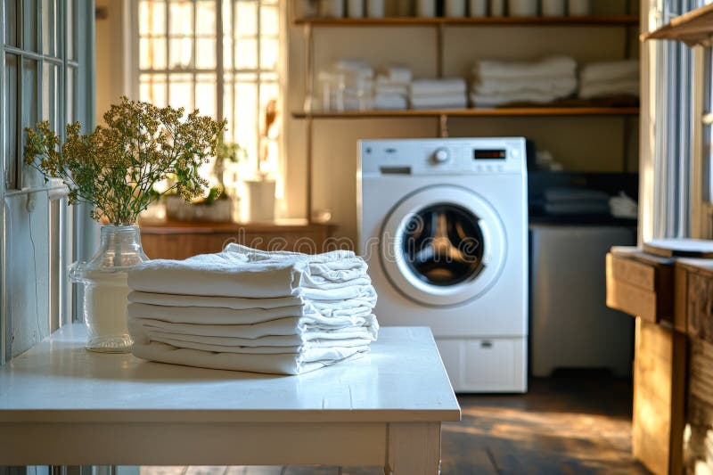 A Cozy Domestic Setting with a White Table Stacked with Folded Laundry ...