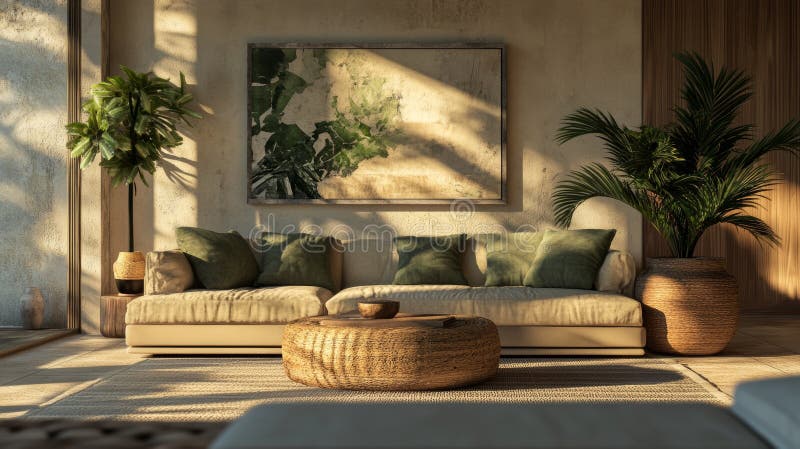 Cozy Earth-toned Living Room with Greenery and Natural Light Stock ...