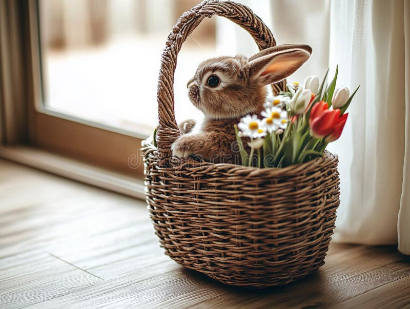 Cozy Easter Bunny Resting in Flower-filled Basket Near Window with ...