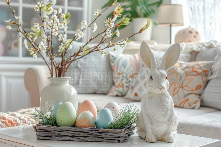 Cozy Easter Living Room Interior with Table, Easter Eggs, Easter Bunny ...