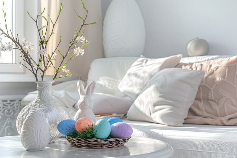 Cozy Easter Living Room Interior with Table, Easter Eggs, Easter Bunny ...
