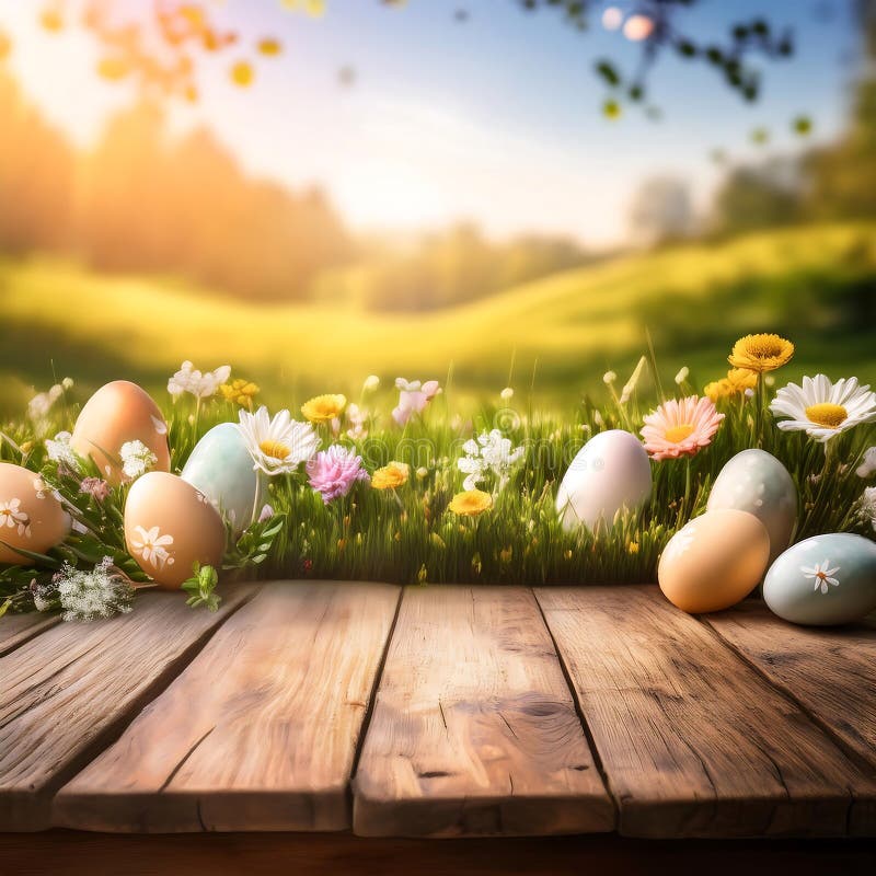 Cozy Easter Scene with Decorated Eggs and Flowers, Glowing Under Soft ...