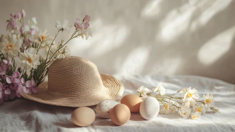 Cozy Easter Table Setting with Hat, Painted Eggs, and Spring Blooms ...