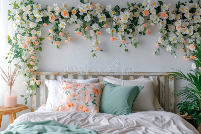 Cozy Elegant Bedroom with Bed, Nice Bedclothes, Spring Decor and Soft ...