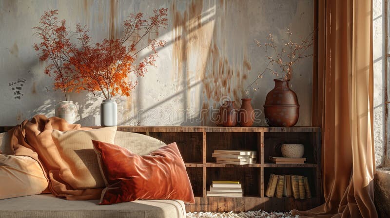 A Cozy and Elegant Interior Scene Featuring a Comfortable Sofa with ...