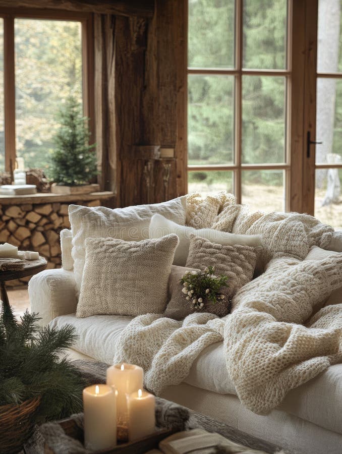A Cozy and Elegant Living Room Features a White Sofa Adorned with ...