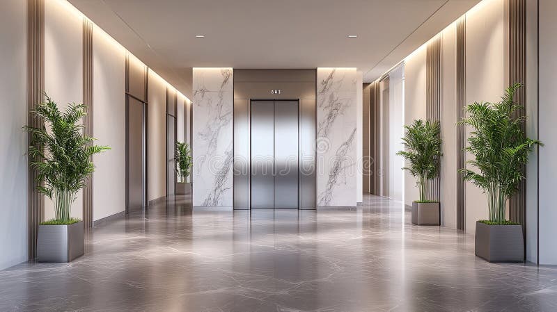 A Cozy Elevator Hall Features a Gray Marble Floor, Silver Doors, and ...