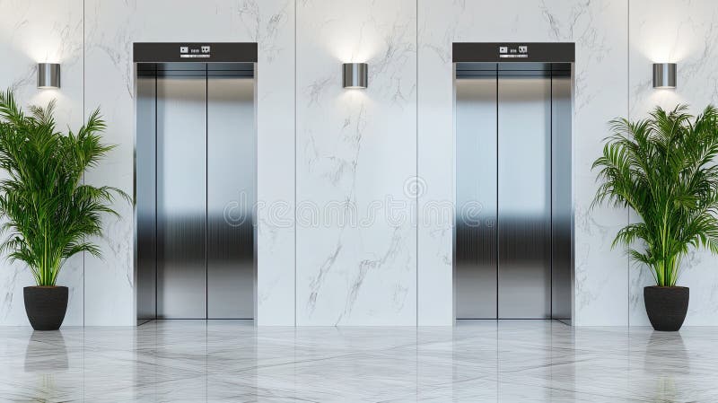 A Cozy Elevator Hall Features a Gray Marble Floor, Silver Doors, and ...