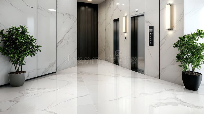 A Cozy Elevator Hall Features a Gray Marble Floor, Silver Doors, and ...